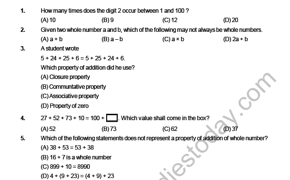CBSE Class 6 Mathematics Whole Numbers MCQs with Answers CBSE Class 6 Mathematics Whole Numbers MCQs with Answers